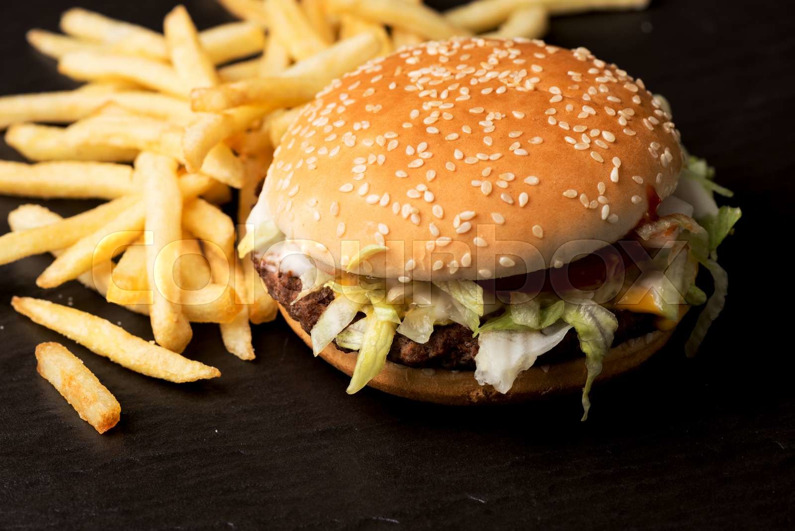 Real burger with potato fries | Stock image | Colourbox
