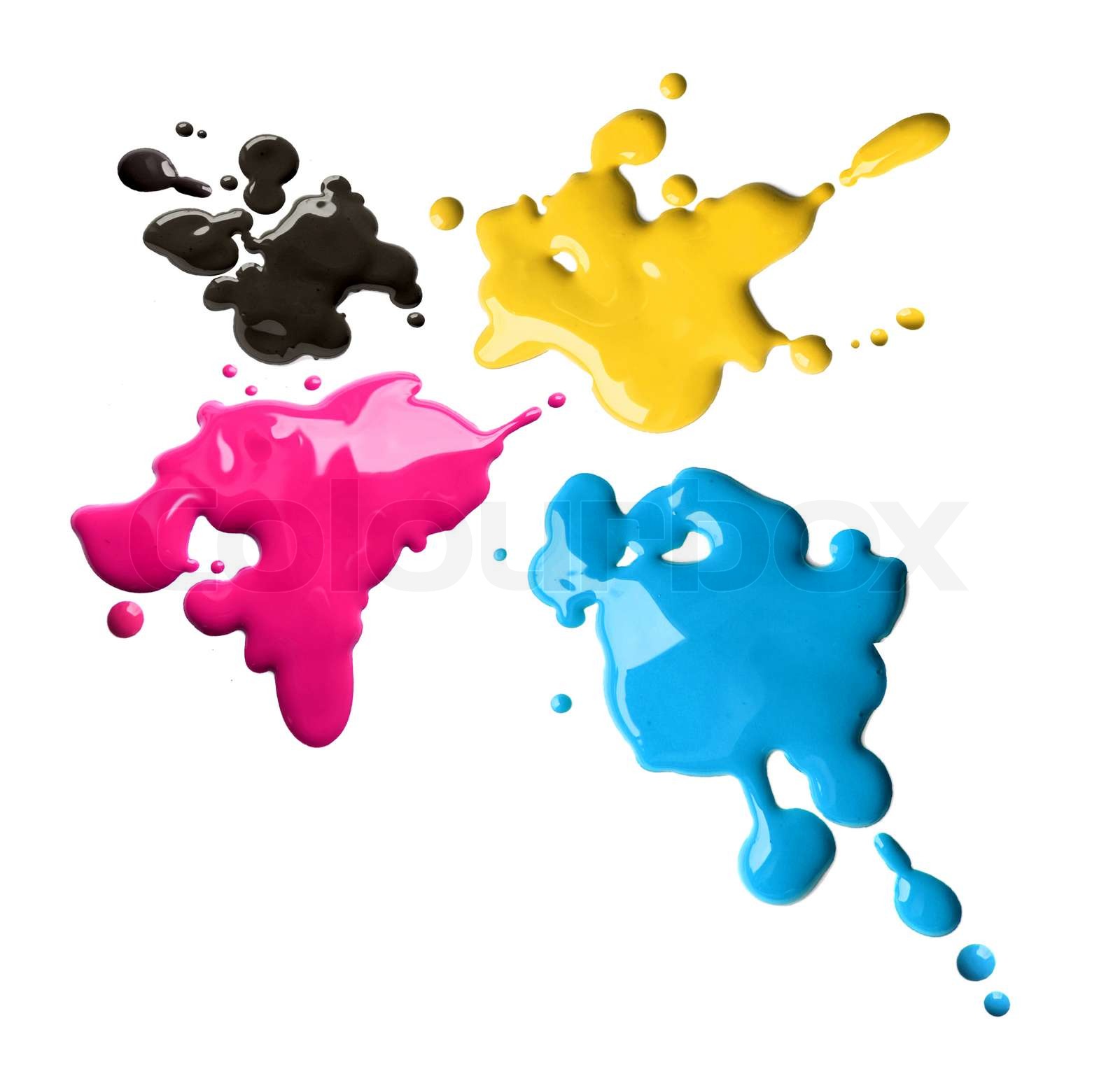 Splashes of four color printing inks cyan magenta yellow black | Stock ...