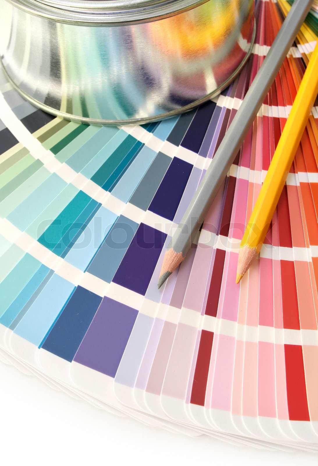Paint color chart sample swatches, paint can and pencils | Stock image ...