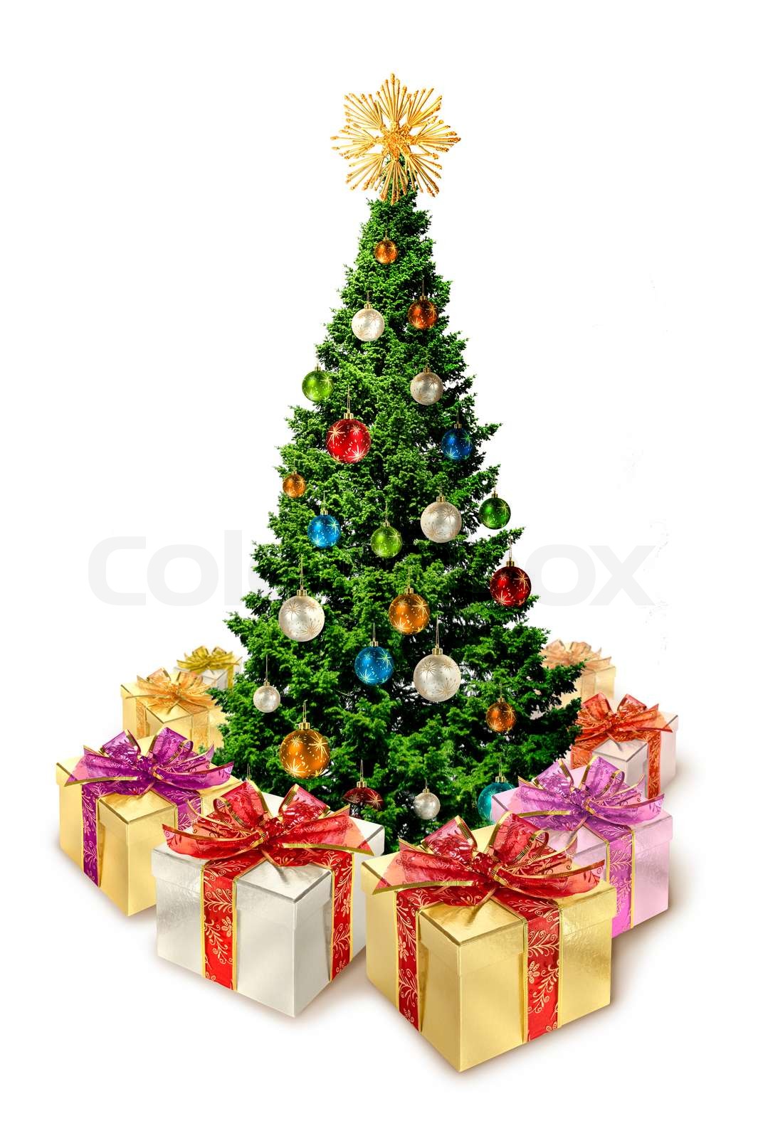Farverige juletræ med nuværende overraskelse kasser rundt, isoleret på ...