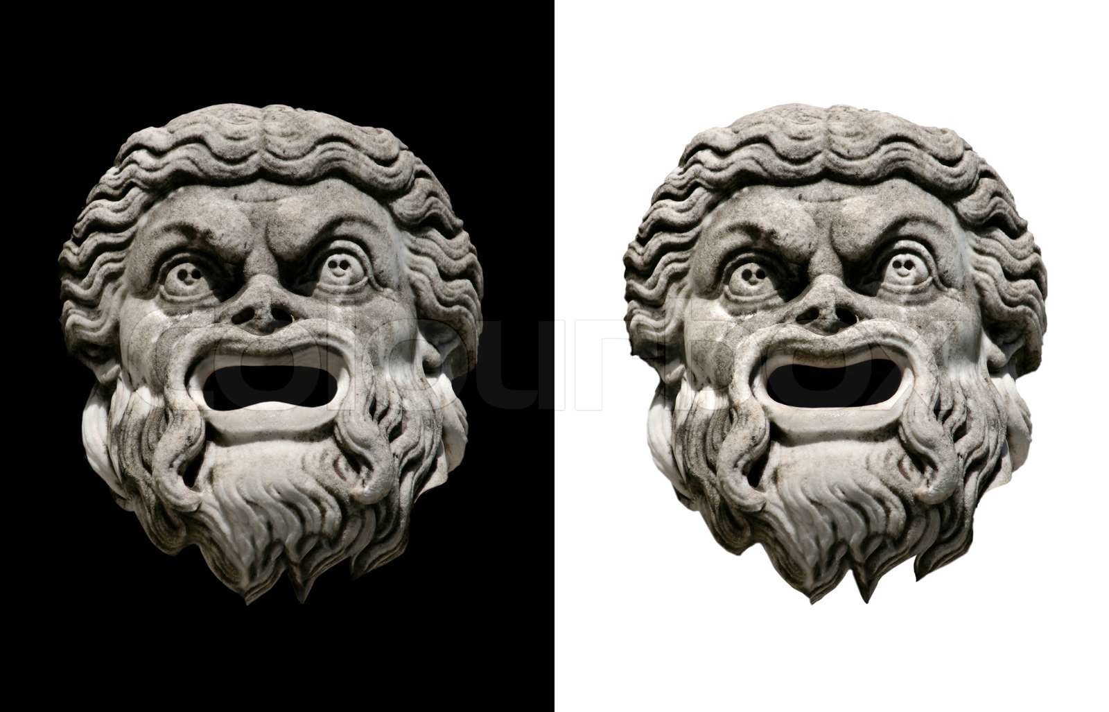 Greek tragedy and comedy masks on black and white background isolated ...