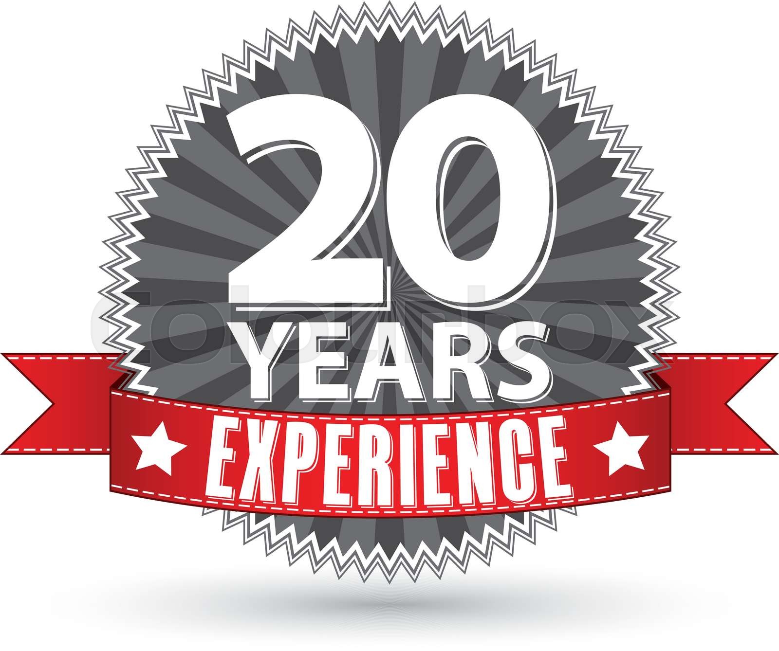 20 years experience retro label with red ribbon, vector illustration ...