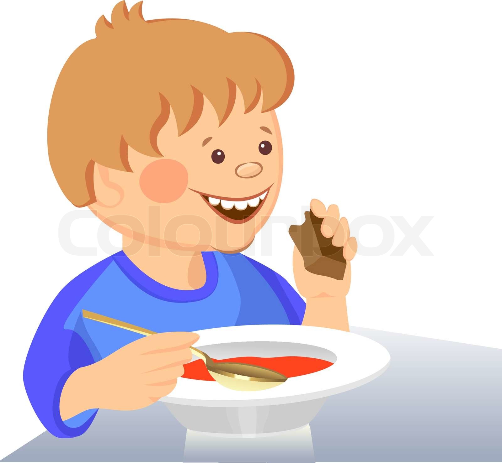 vector cute boy eats with a spoon from a bowl | Stock vector | Colourbox
