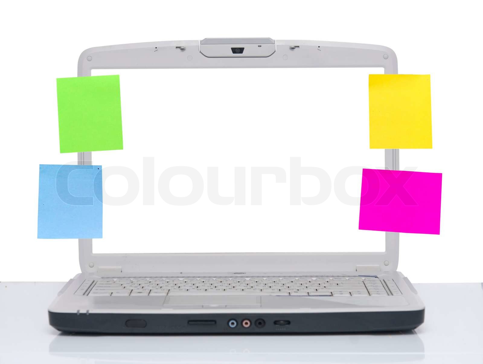 laptop with post it on the screen isolated on white | Stock image ...
