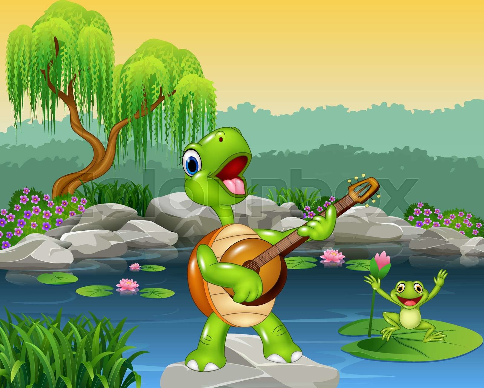 Cute turtle playing guitar on rock | Stock vector | Colourbox