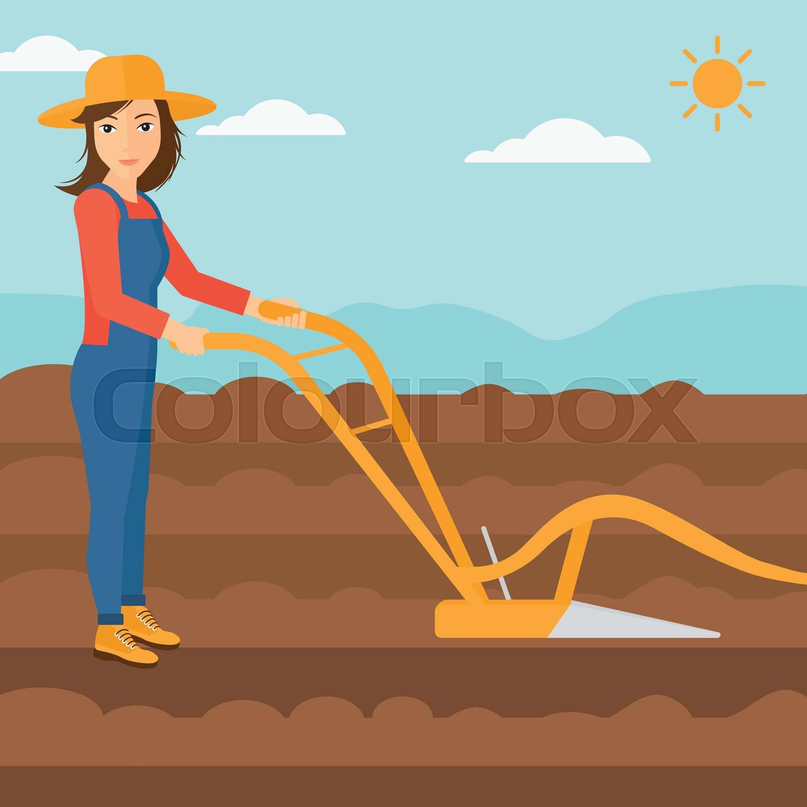 Farmer on the field with plough. | Stock vector | Colourbox