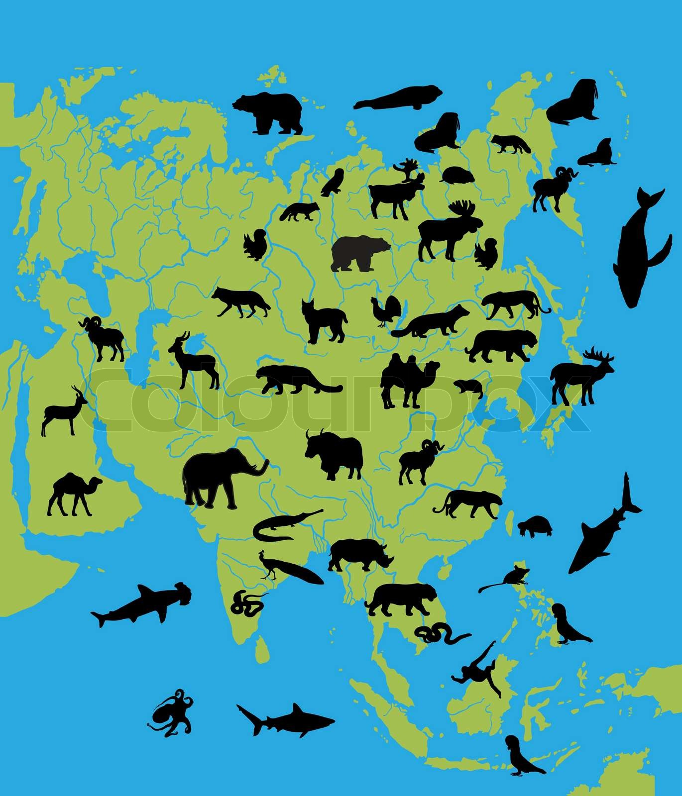 Animals on the map of Asia | Stock vector | Colourbox