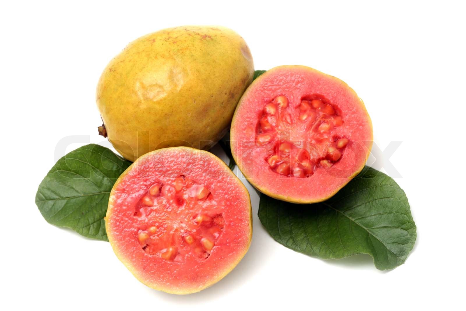 Fresh Guava Frucht mit Blättern auf weißem Hintergrund | Stock Bild ...