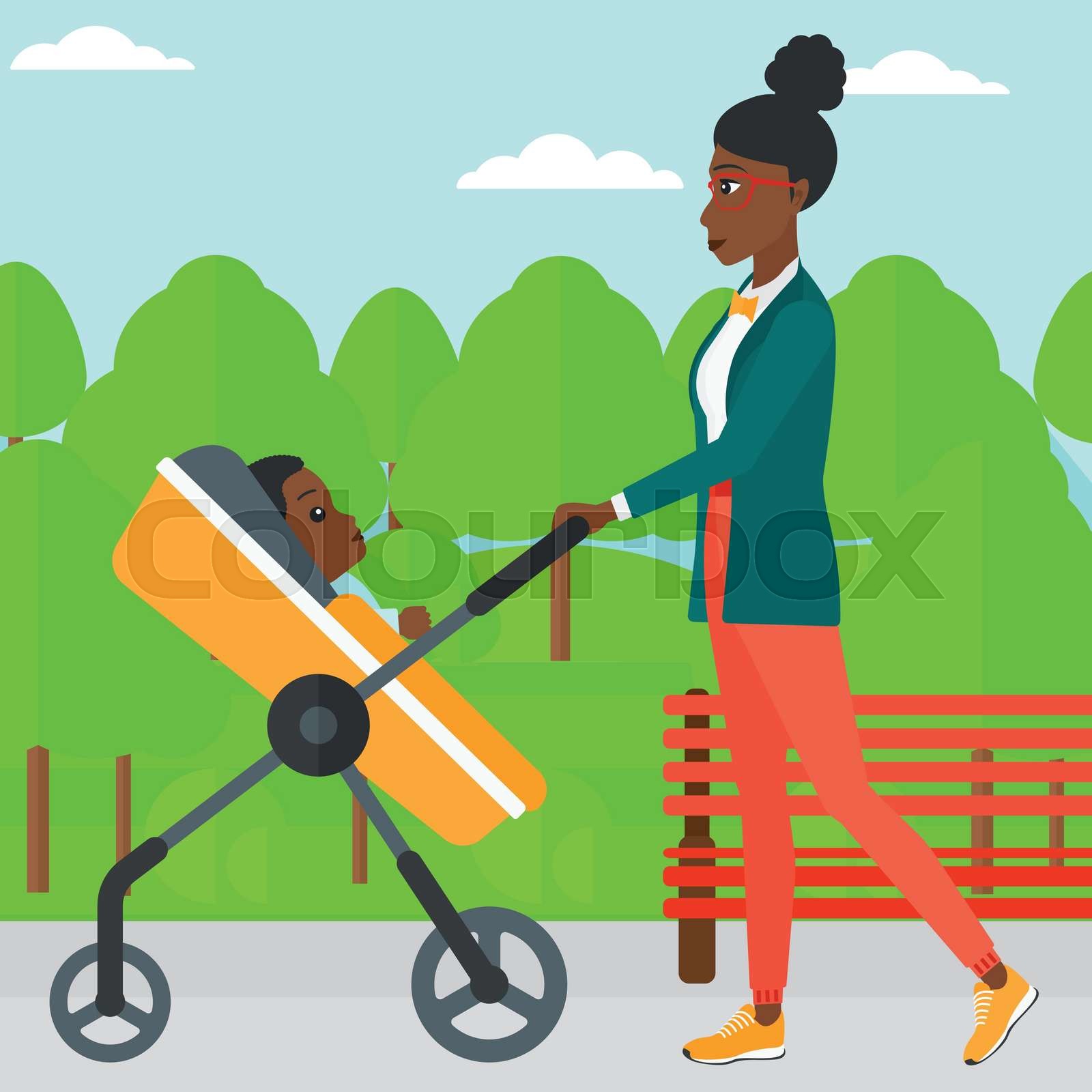 Woman pushing pram. | Stock vector | Colourbox