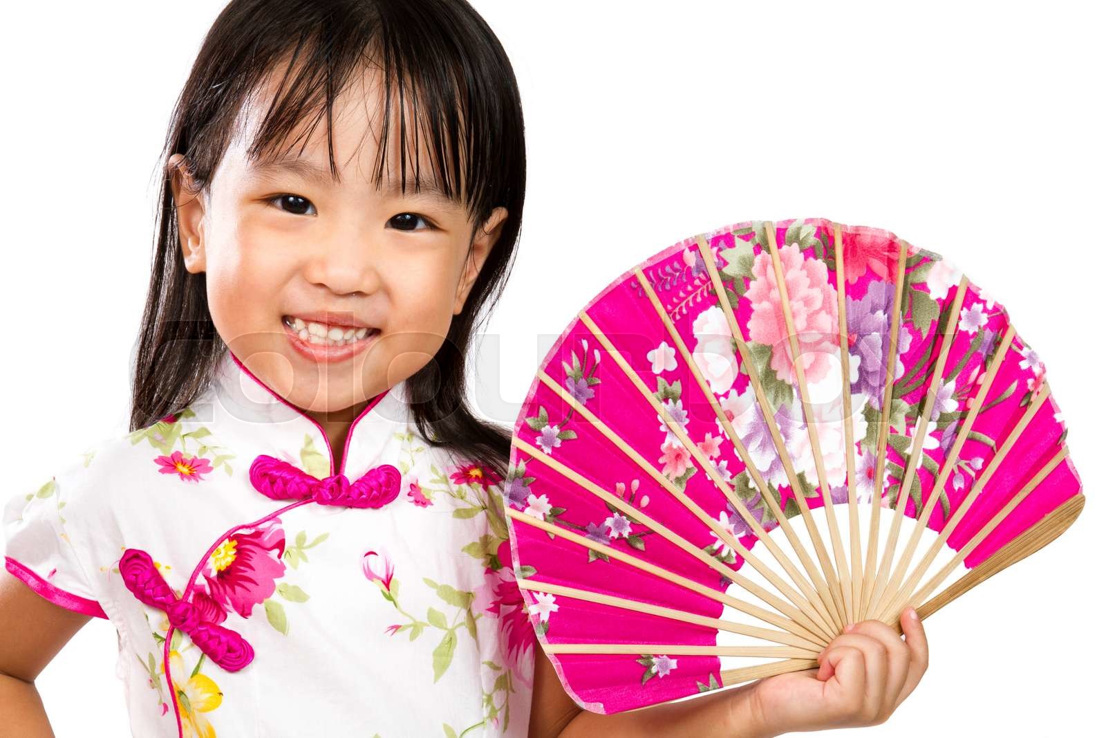 Asian Little Chinese Girl Holding Oriental Fan | Stock image | Colourbox