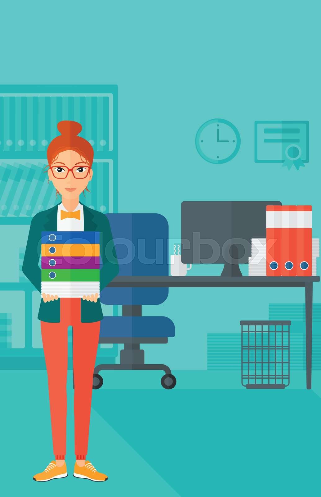 Woman holding pile of folders. | Stock vector | Colourbox