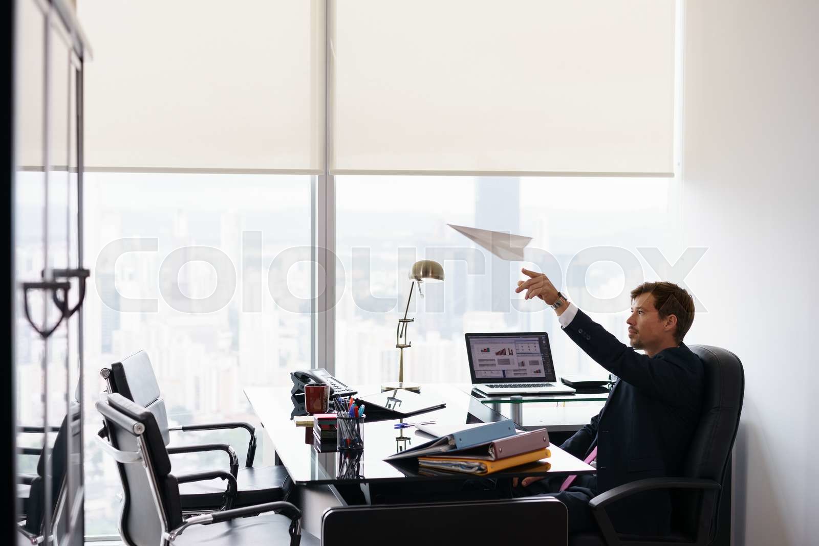 Successful Man Office Worker Daydreaming Throwing Paper Airplane ...
