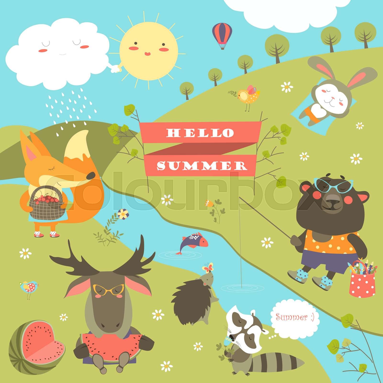 Set of cartoon characters and summer elements | Stock vector | Colourbox