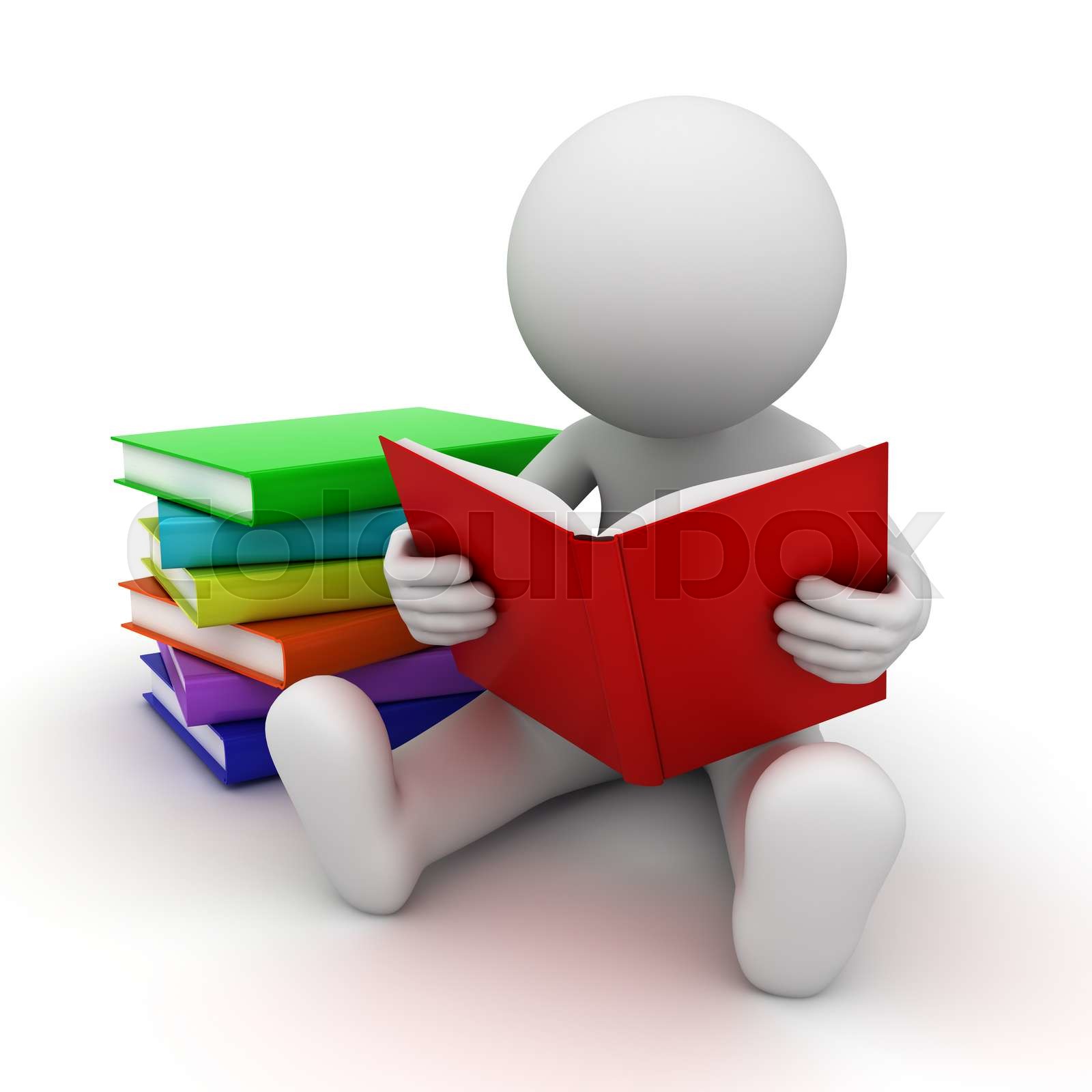 3d man sitting on the floor and reading books over white background ...