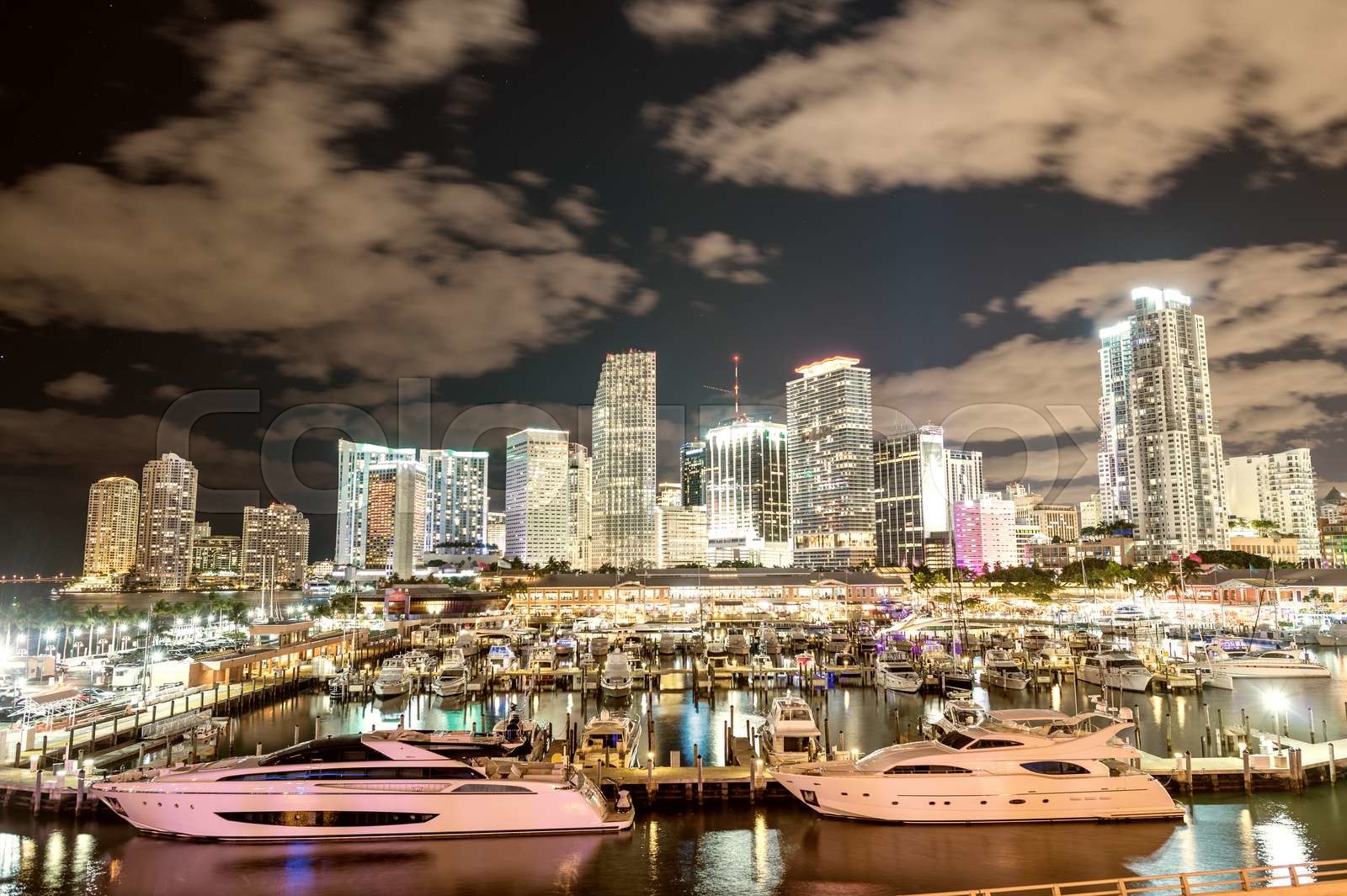 Miami night skyline from Port Boulevard. Florida sunset | Stock image ...