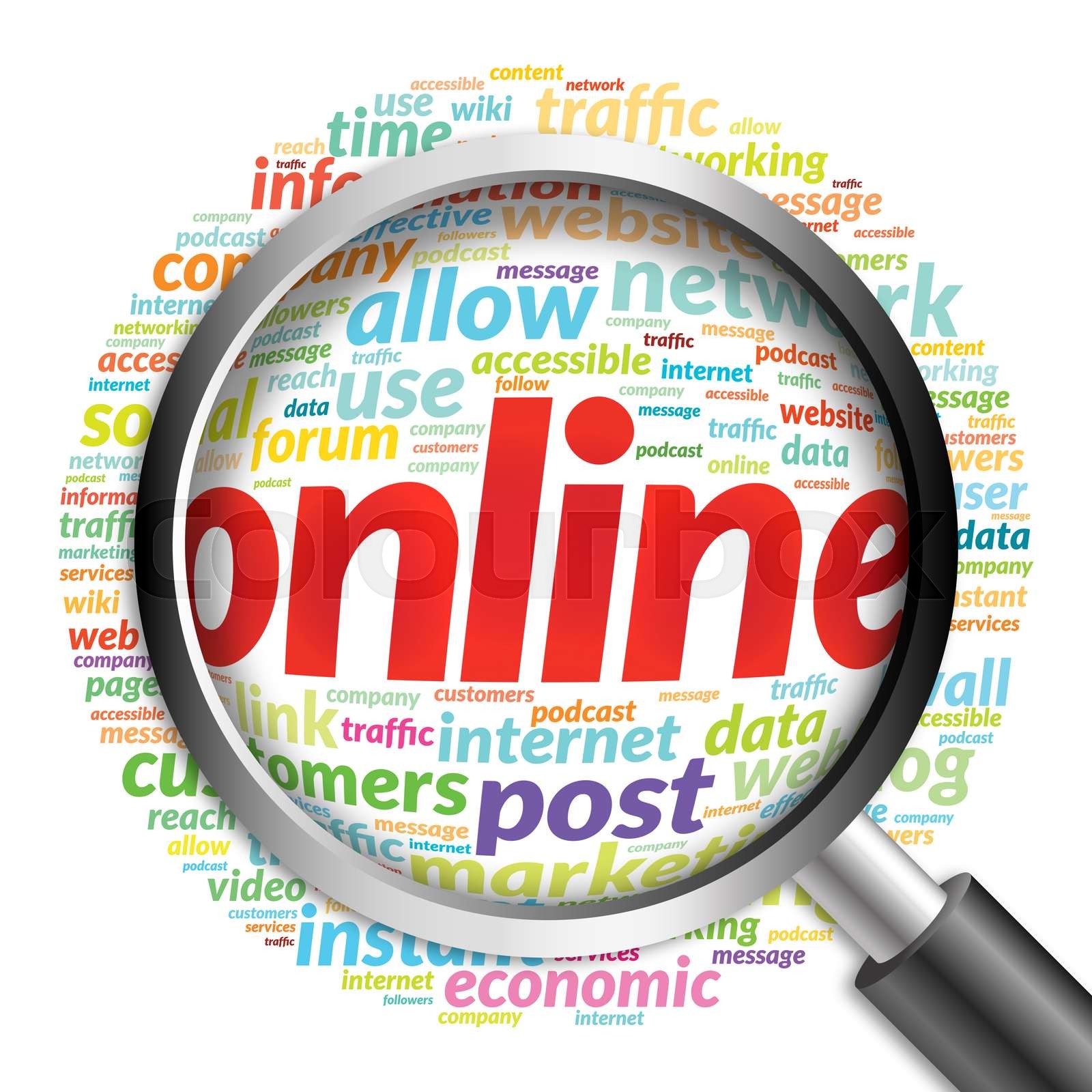 ONLINE word cloud with magnifying glass | Stock image | Colourbox