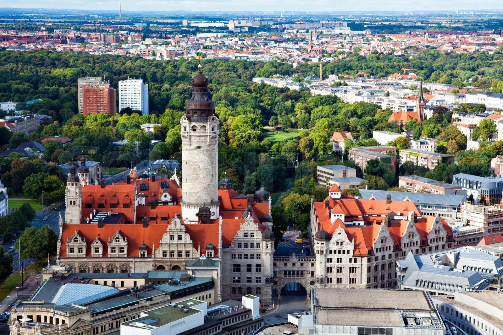 Aerial of Leipzig with new townhall and Johannapark | Stock Bild ...