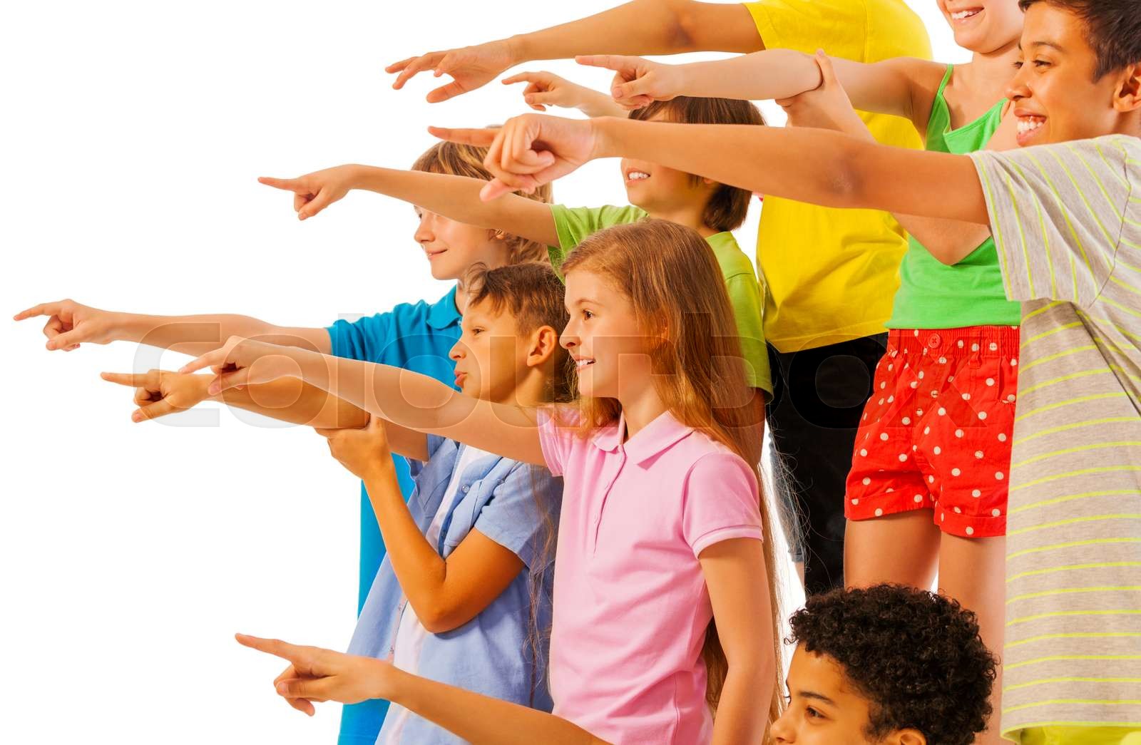 Large group of kids pointing finger side view | Stock image | Colourbox