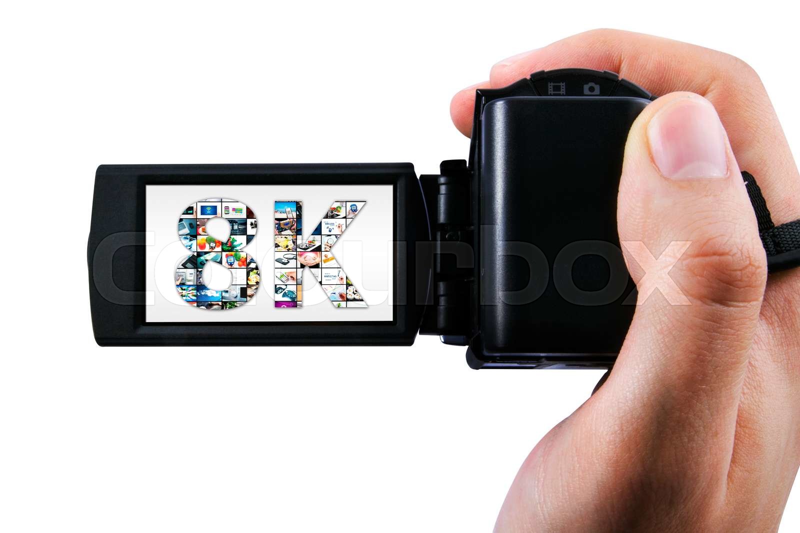 Hand holding Ultra High Definition camcorder isolated on white | Stock ...