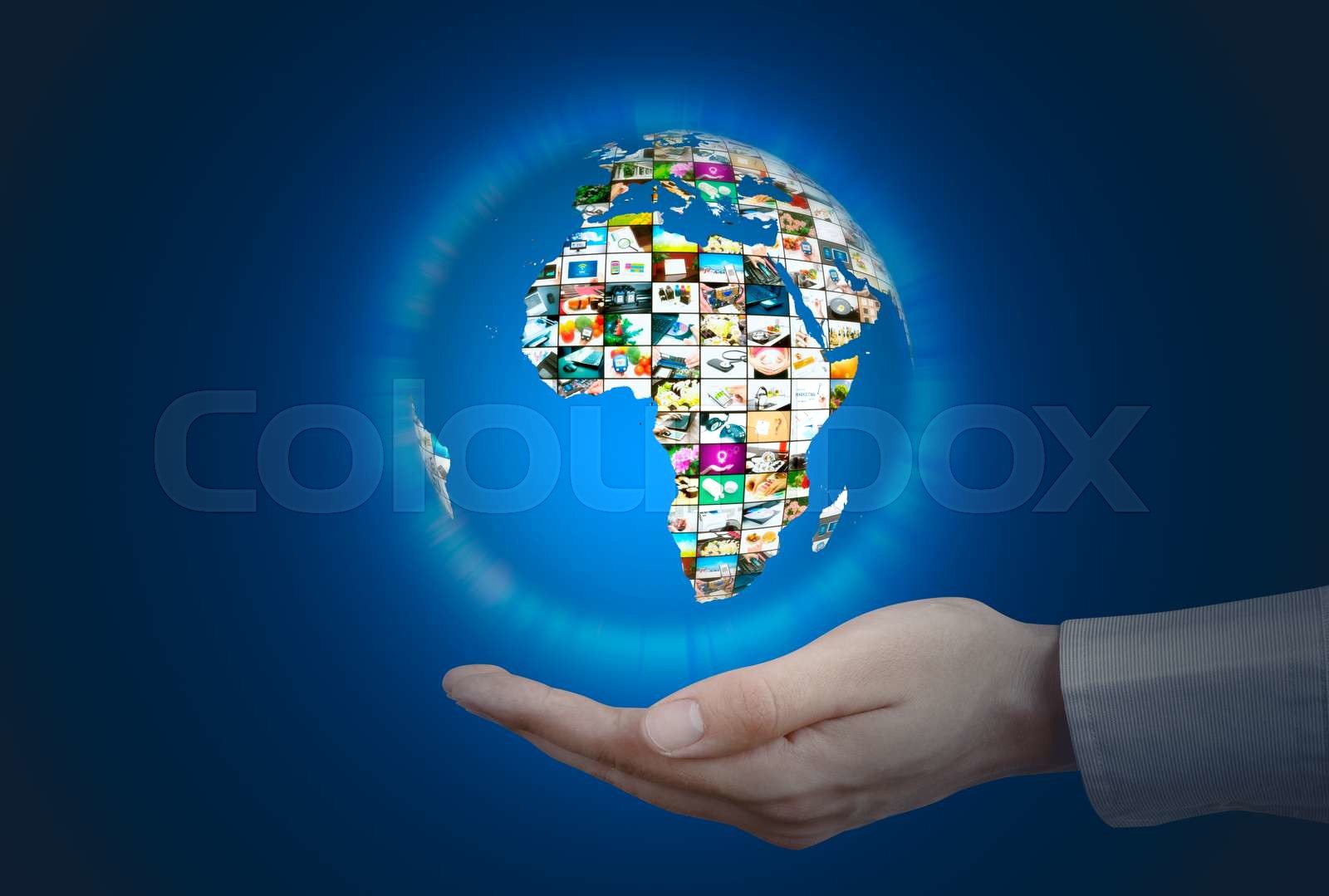 Television broadcast multimedia sphere. World globe on hand | Stock ...