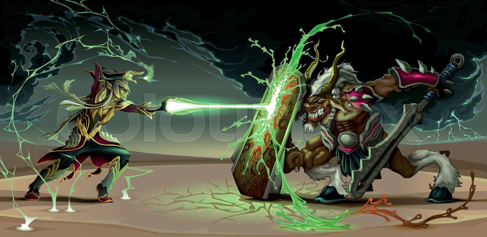 Fighting scene between elf and beast | Stock vector | Colourbox