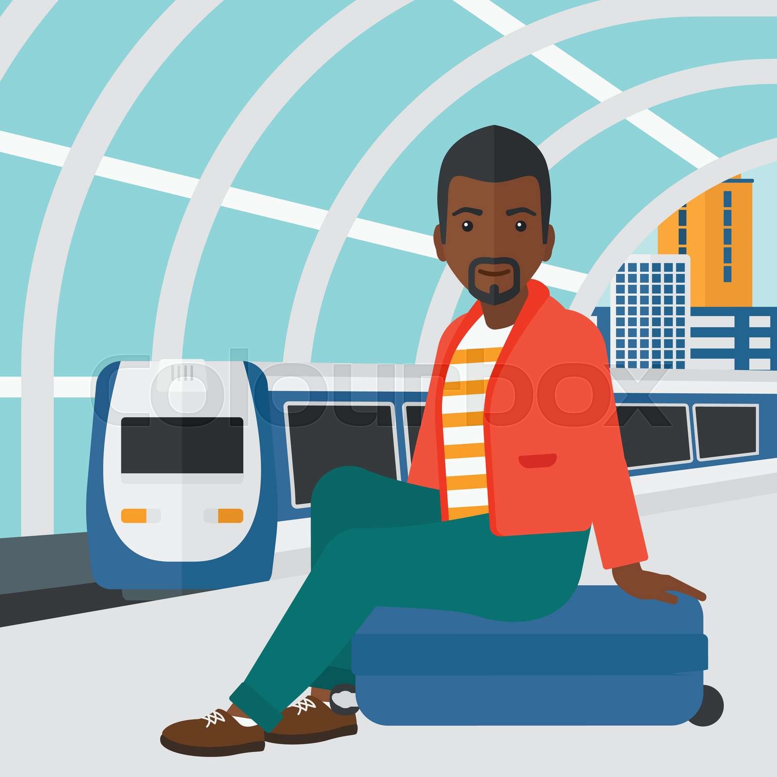 Man sitting on railway platform. | Stock vector | Colourbox
