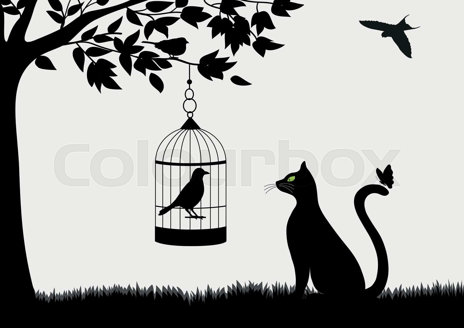 Cute cat and birds | Stock vector | Colourbox