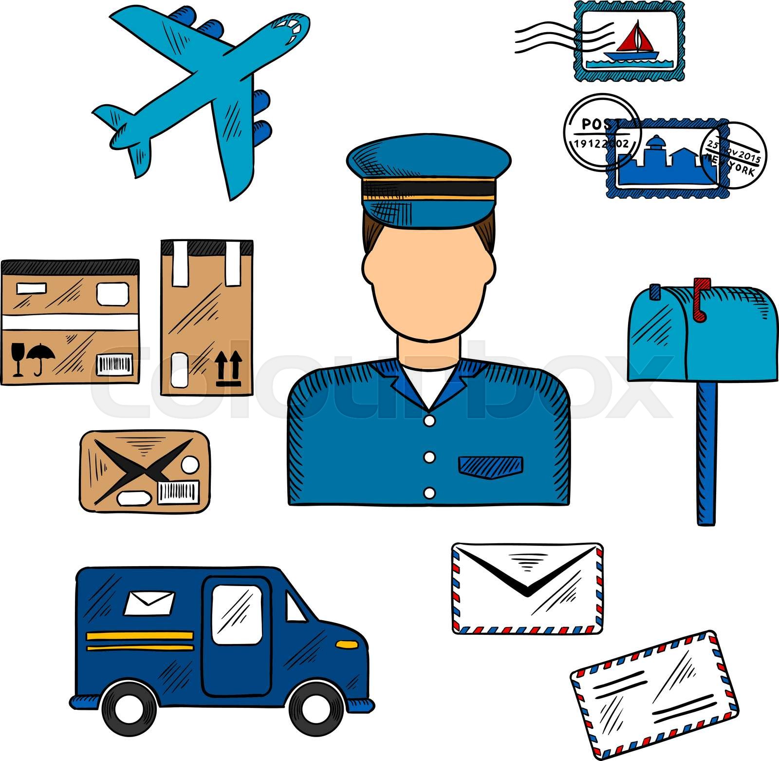 Postal icons around a Postman | Stock vector | Colourbox