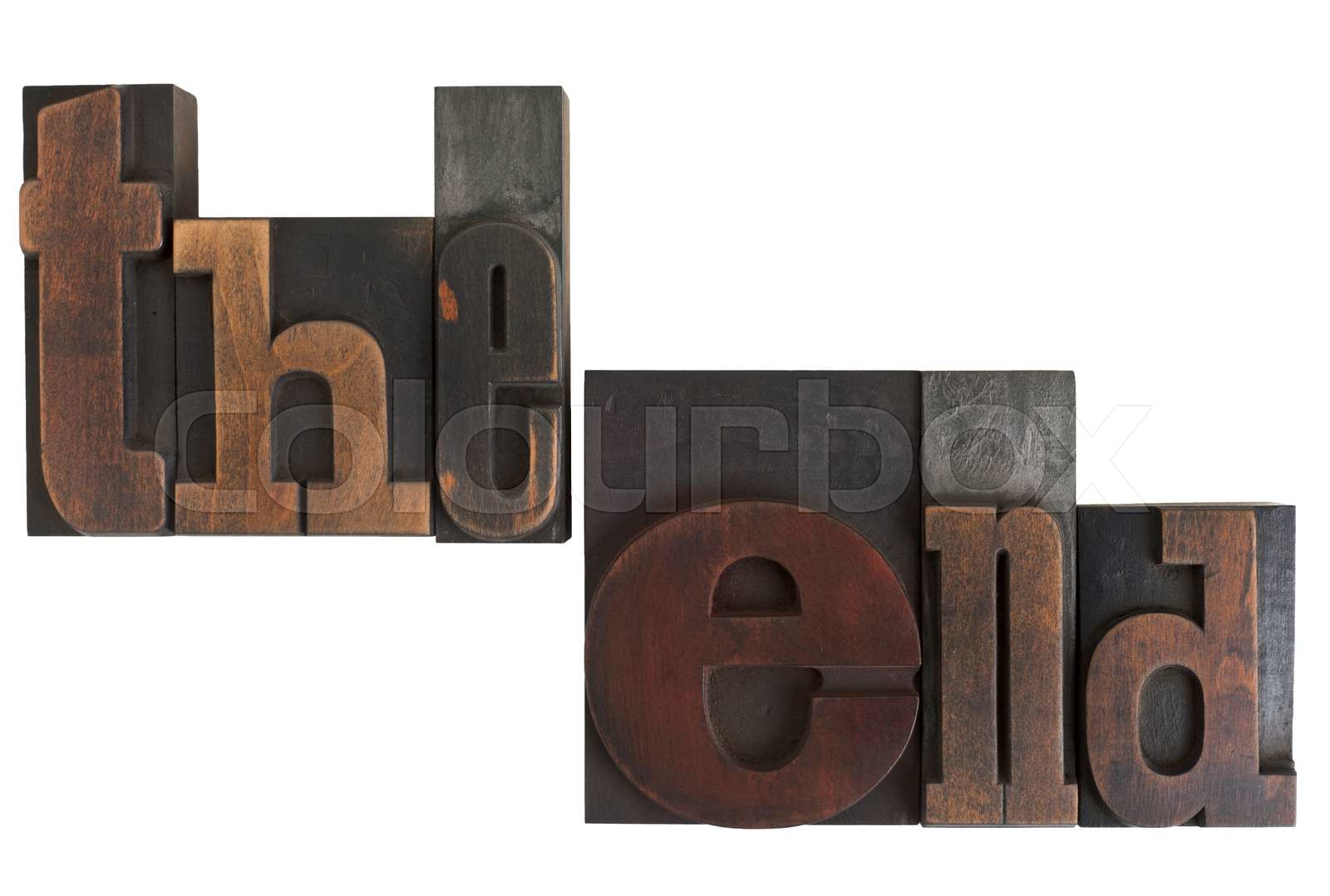 the end, phrase written in vintage printing blocks | Stock image ...