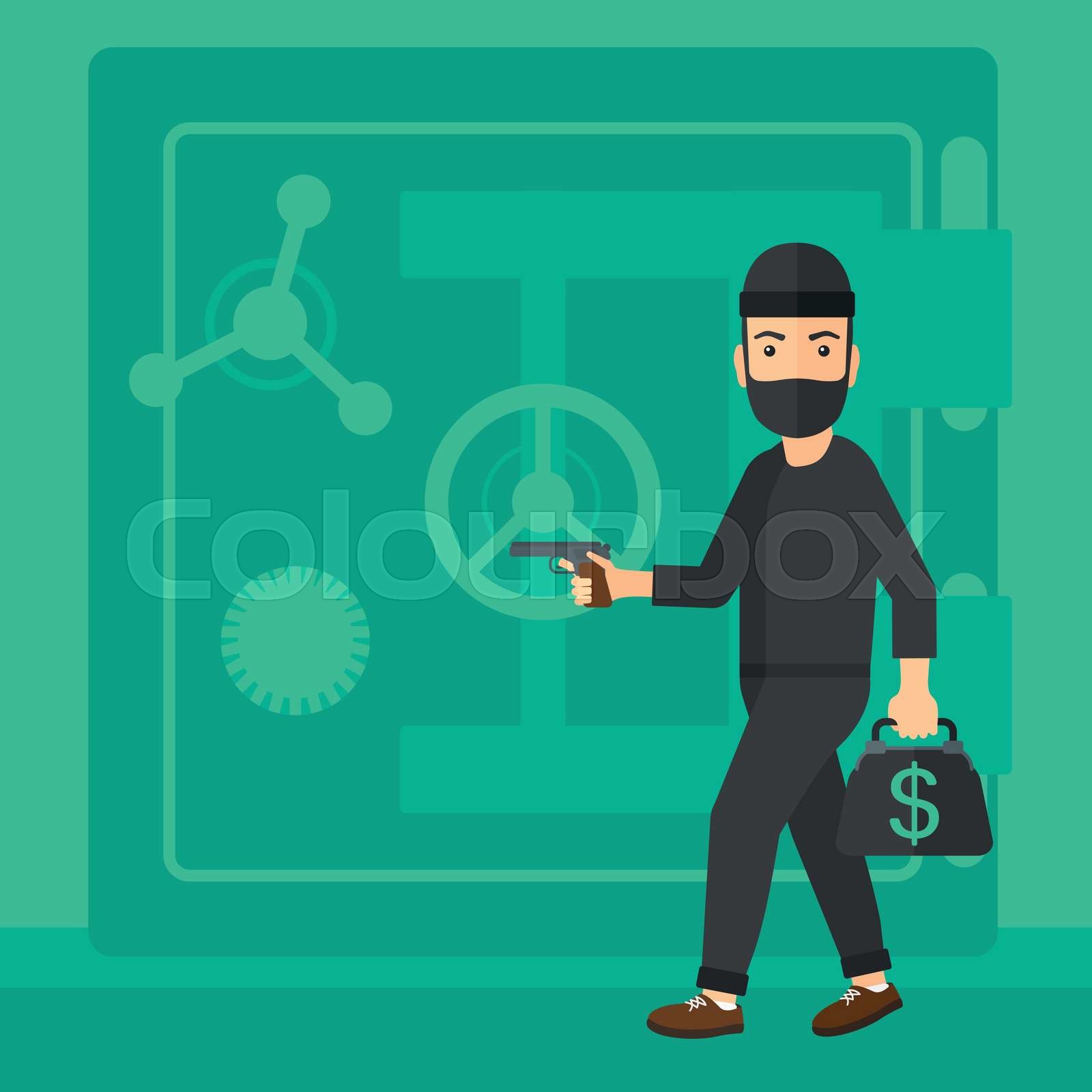 Robber with gun near safe. | Stock vector | Colourbox