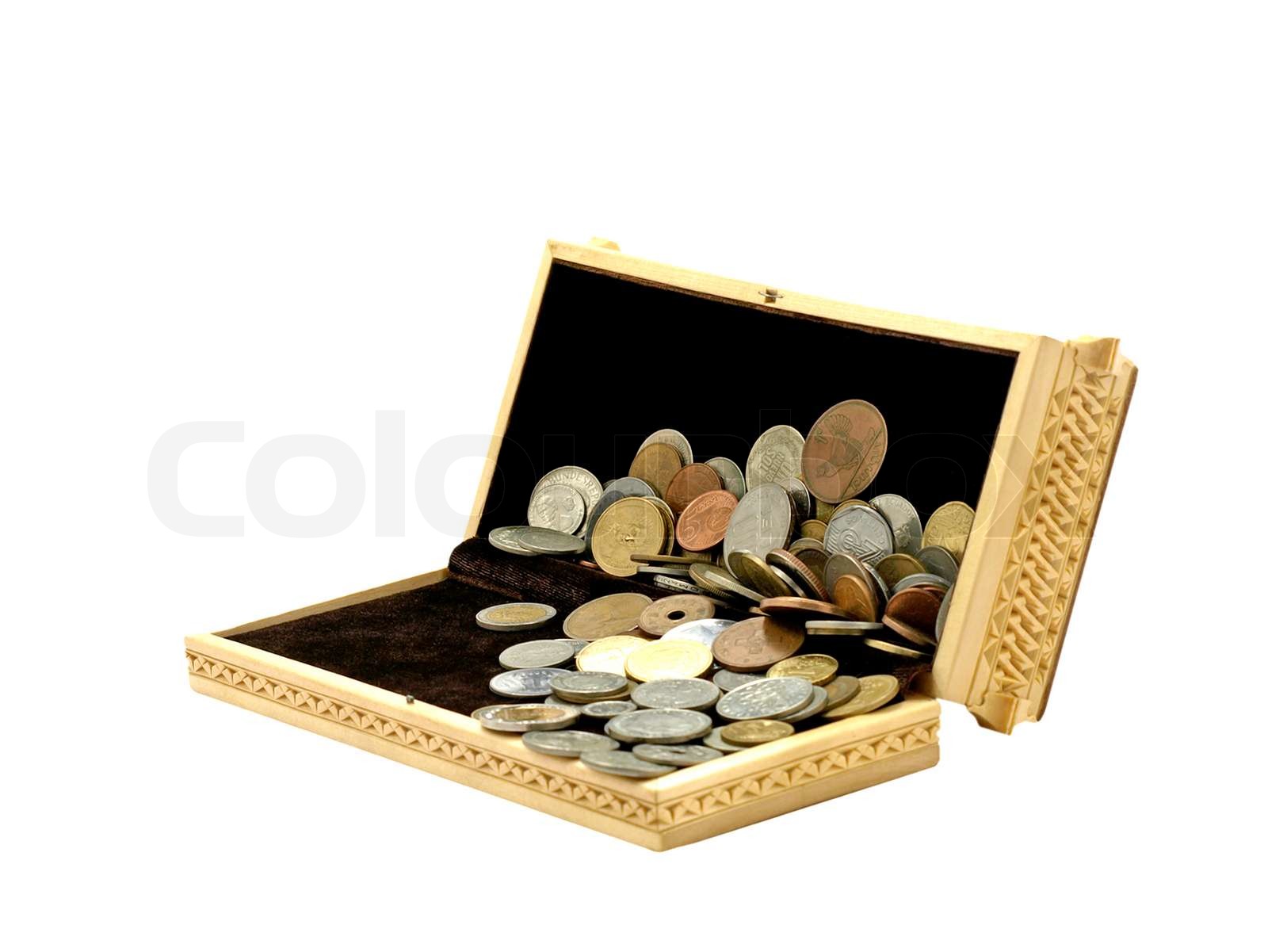 Omstødte boks med penge på en hvid baggrund. | Stock foto | Colourbox