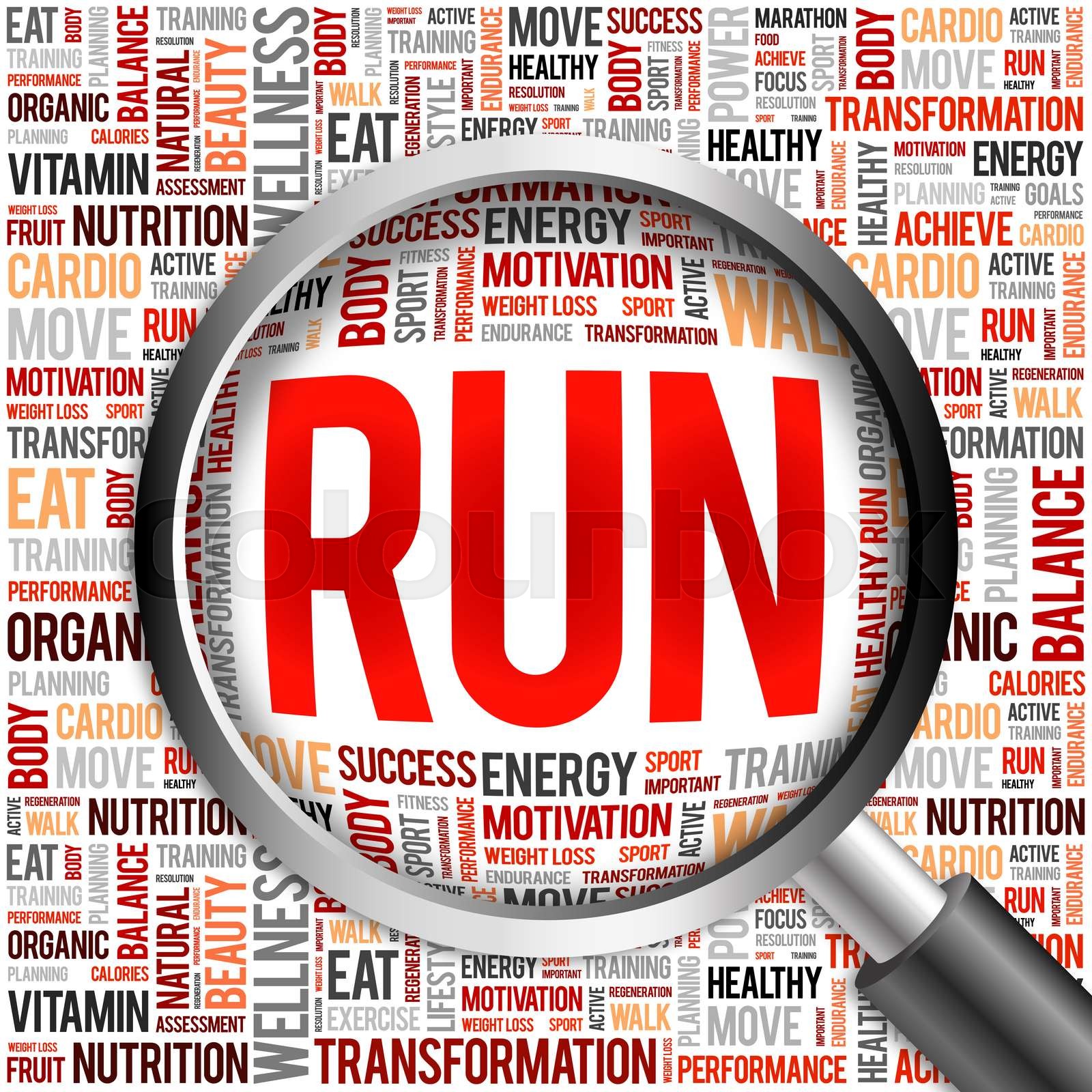 RUN word cloud with magnifying glass | Stock image | Colourbox