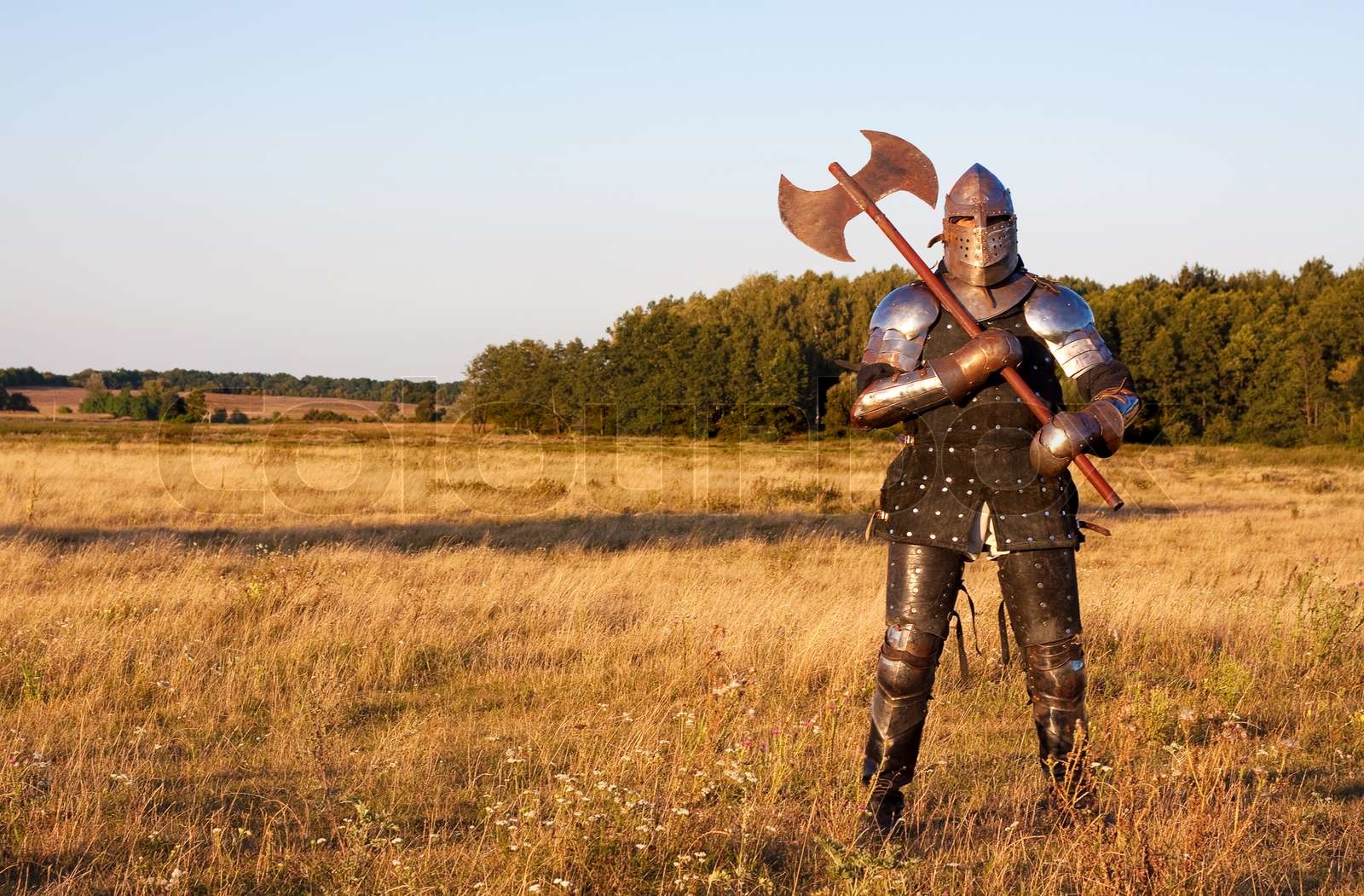 Medieval knight in the field with an axe | Stock image | Colourbox