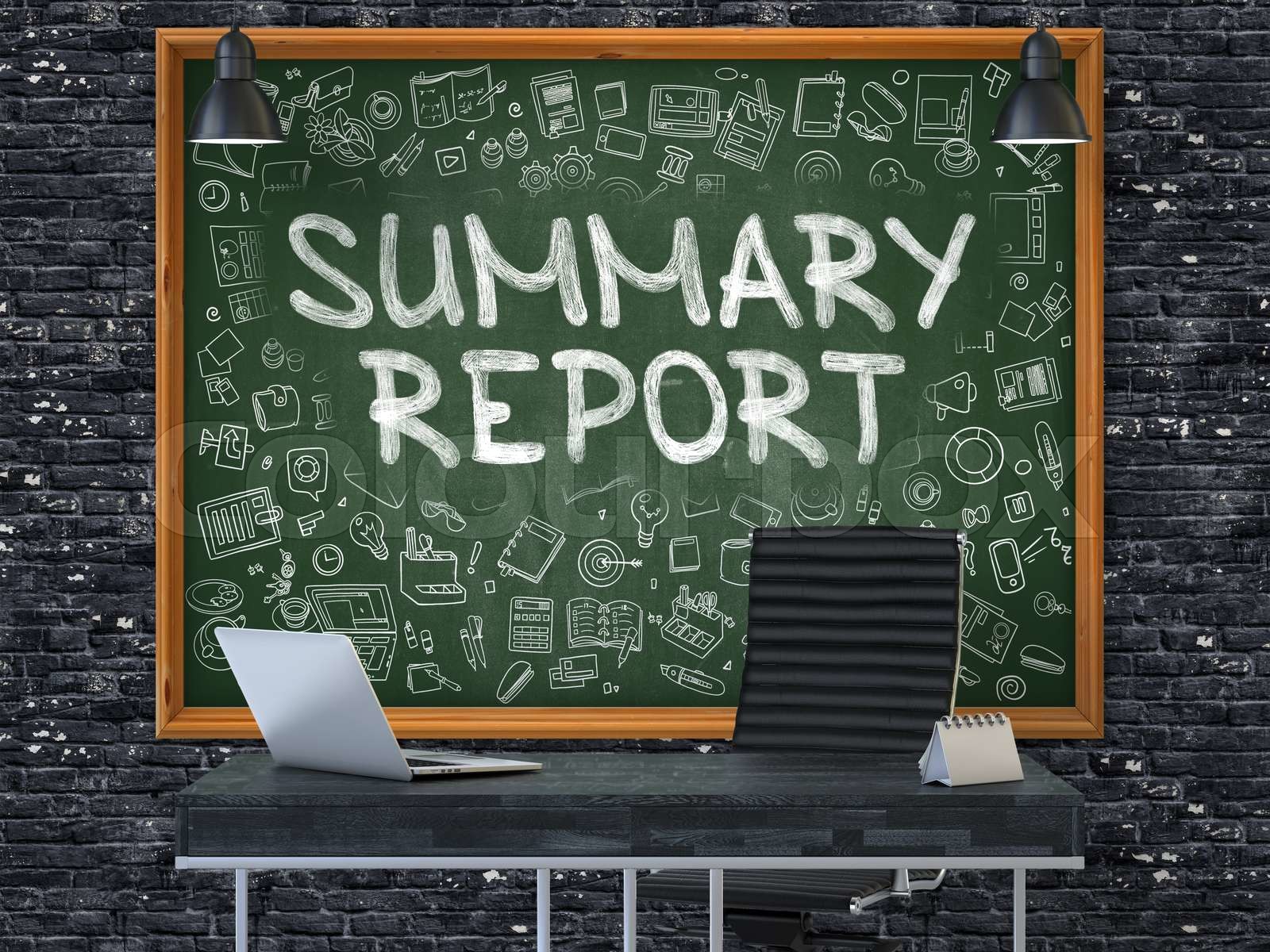 Summary Report on Chalkboard with Doodle Icons. | Stock image | Colourbox