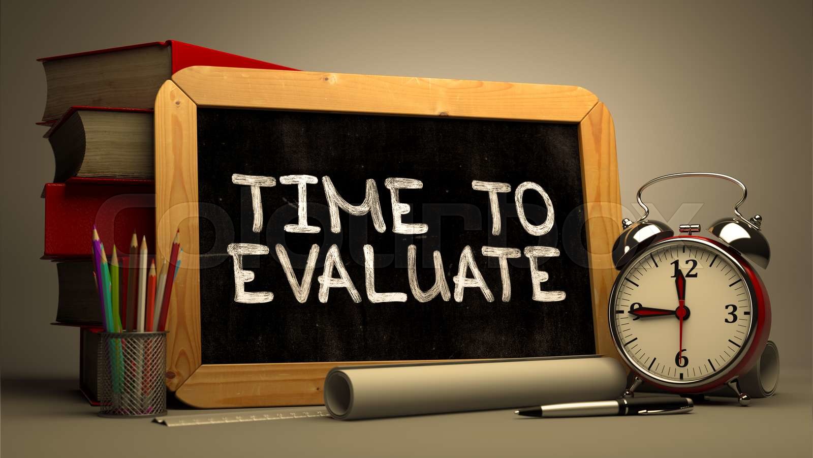 Time to Evaluate - Chalkboard with Hand Drawn Text. | Stock image ...