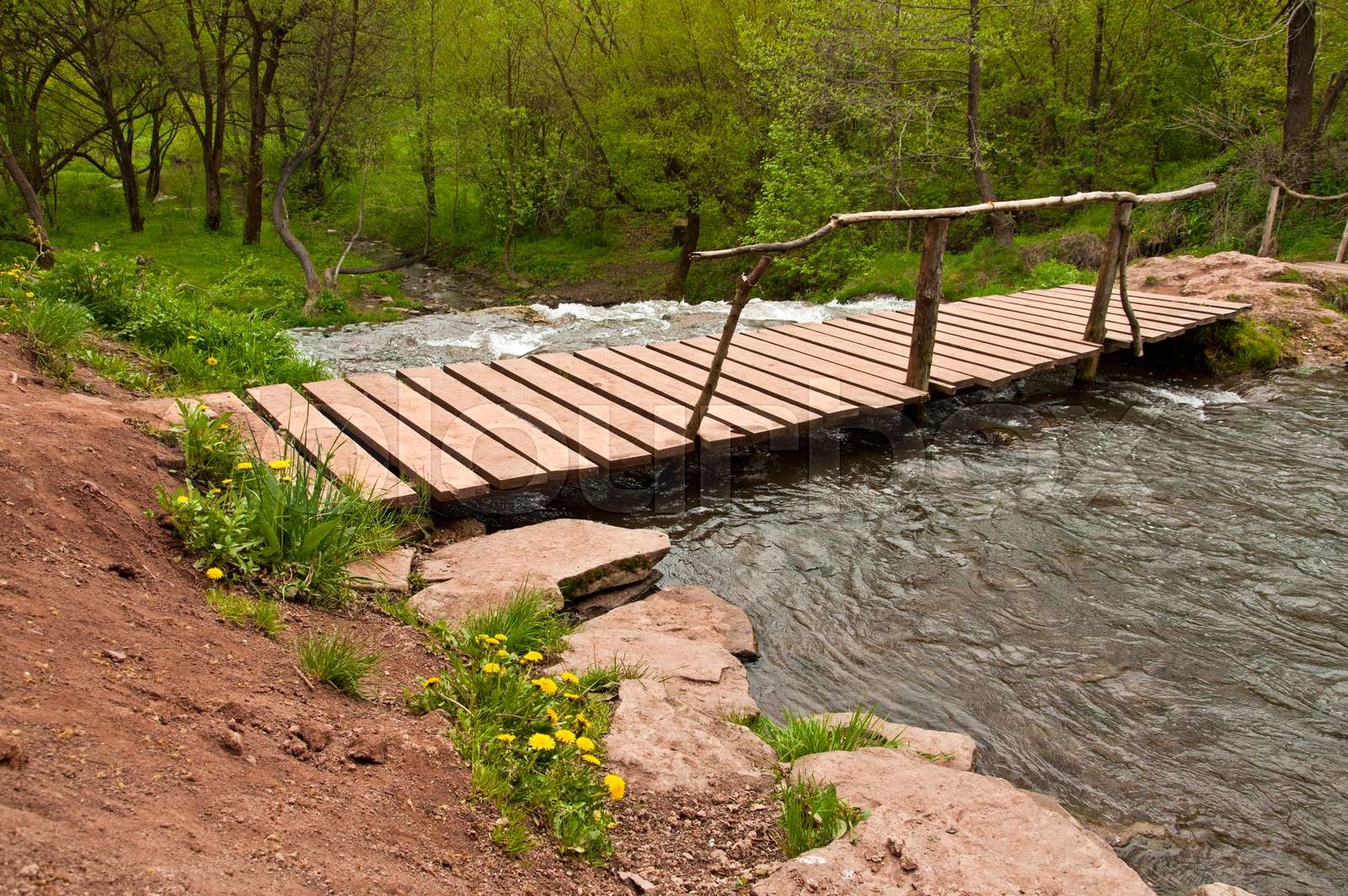 Wooden footbridge across stream | Stock image | Colourbox