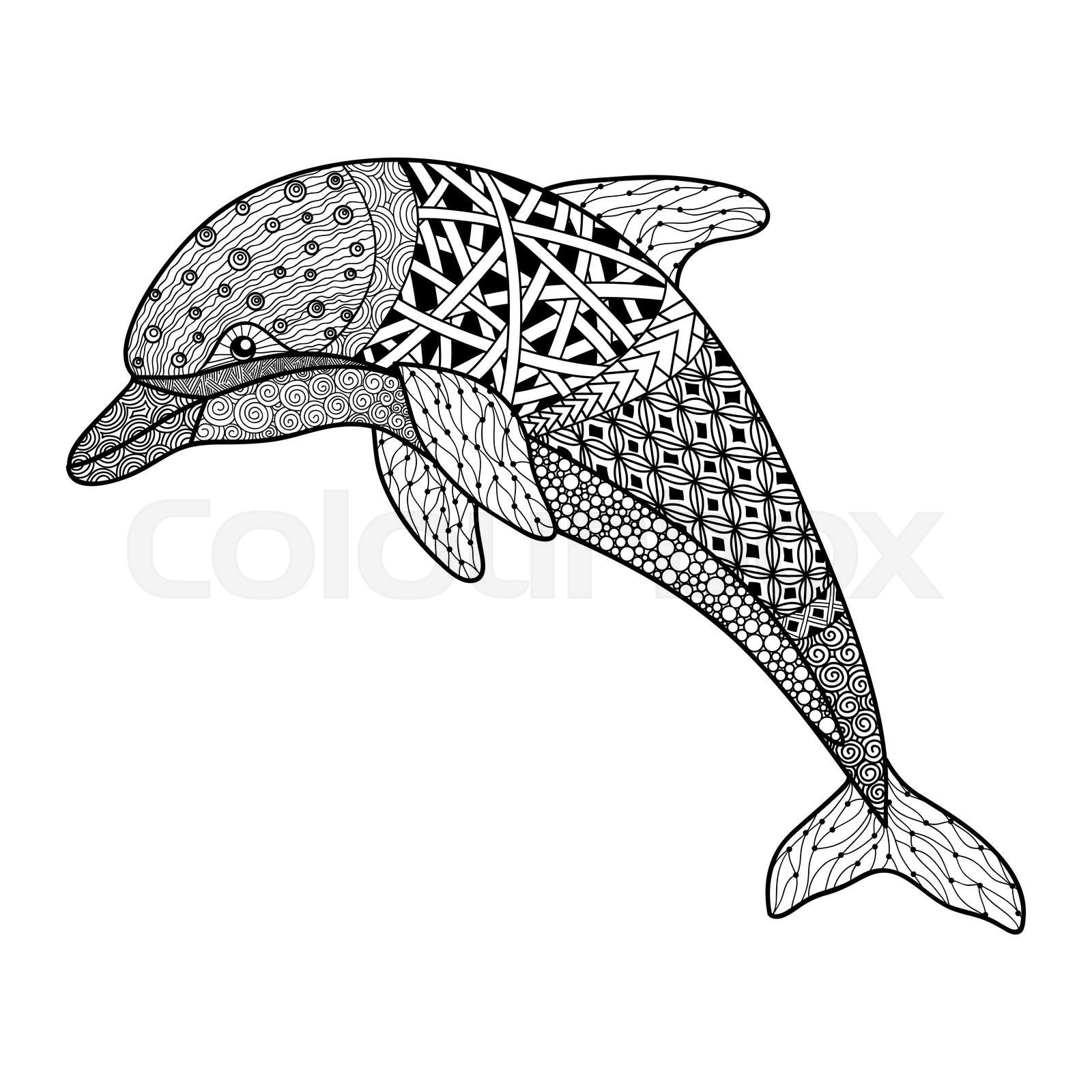 beautiful monochrome black and white dolphin with decorative flourish ...