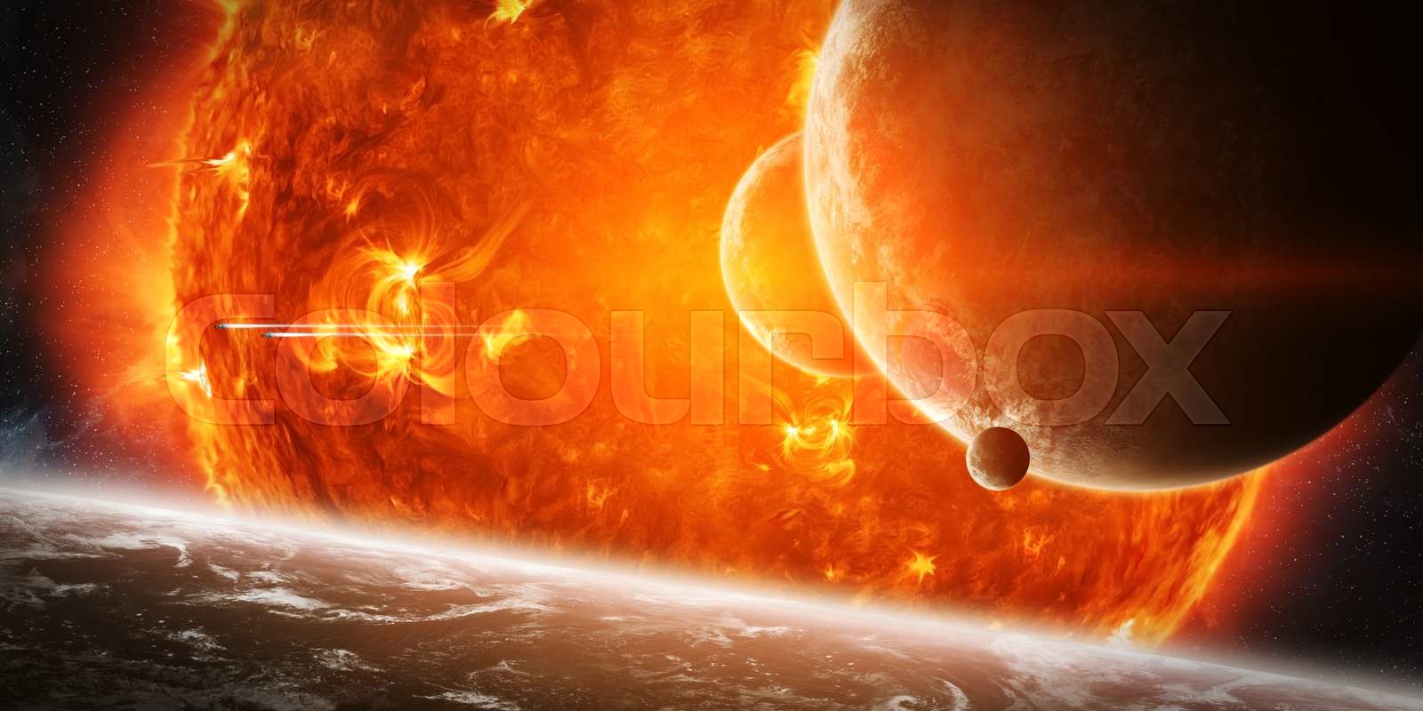 Exploding sun in space close to planet | Stock image | Colourbox