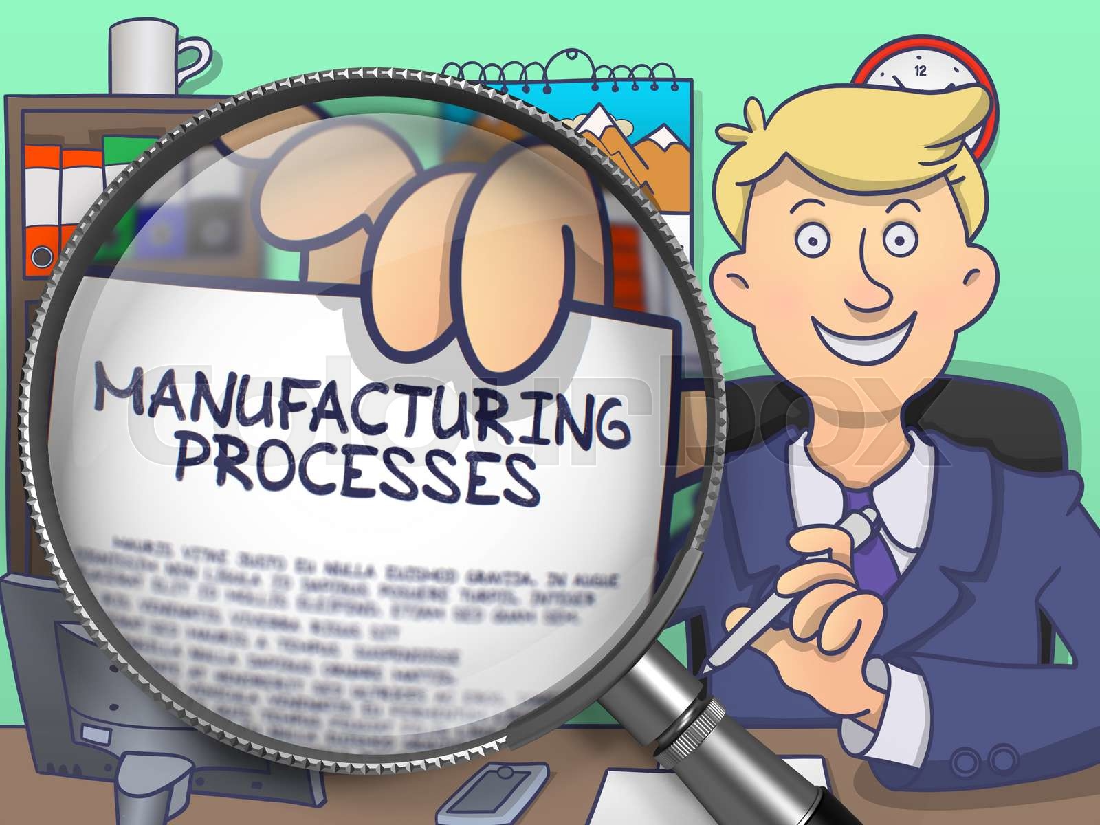Manufacturing Processes through Magnifying Glass. Doodle Design ...
