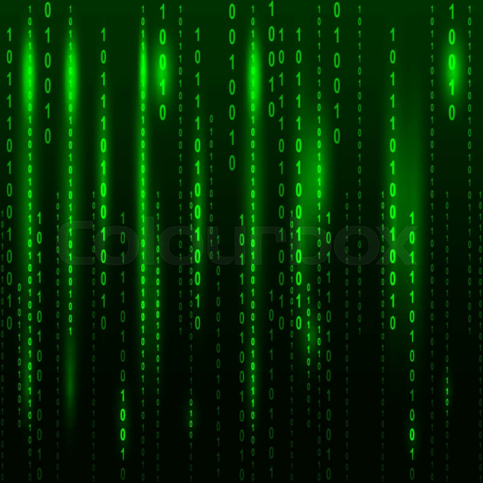 Binary code flowing over a green background. Digital illustration ...