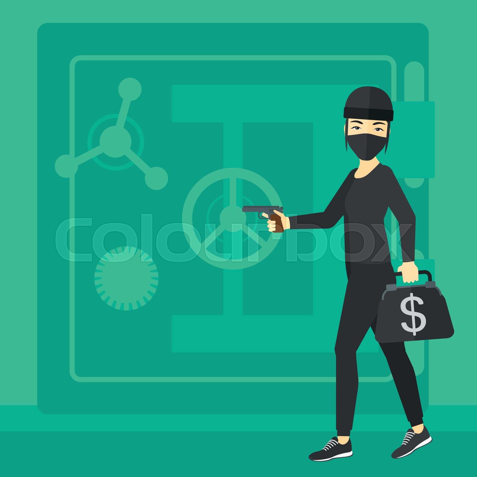 Robber with gun near safe. | Stock vector | Colourbox