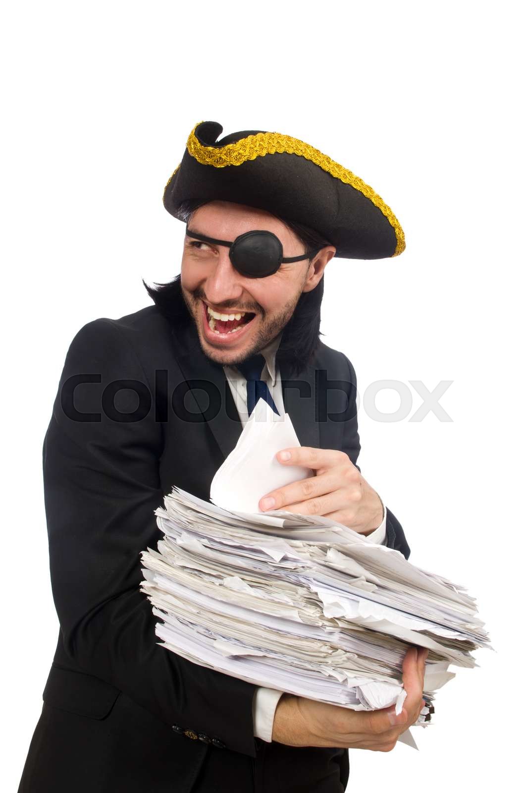 Pirate businessman holding hammer isolated on white | Stock image ...