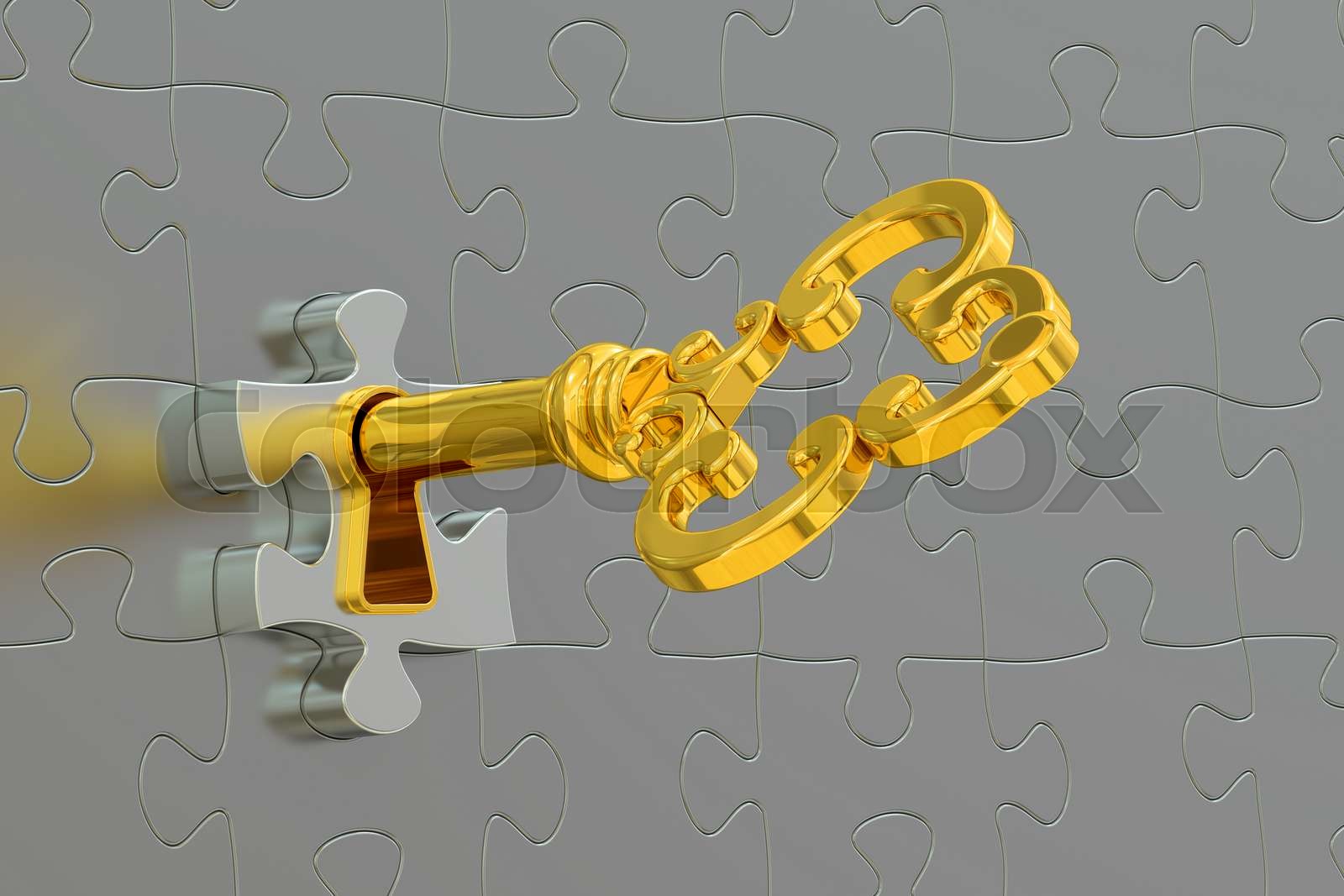 Golden key and puzzle, 3D rendering | Stock image | Colourbox