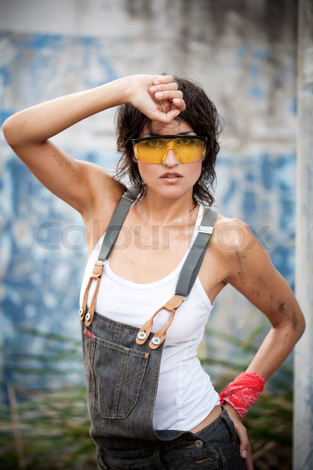 Sexy Woman In Denim Coveralls Stock Image Colourbox