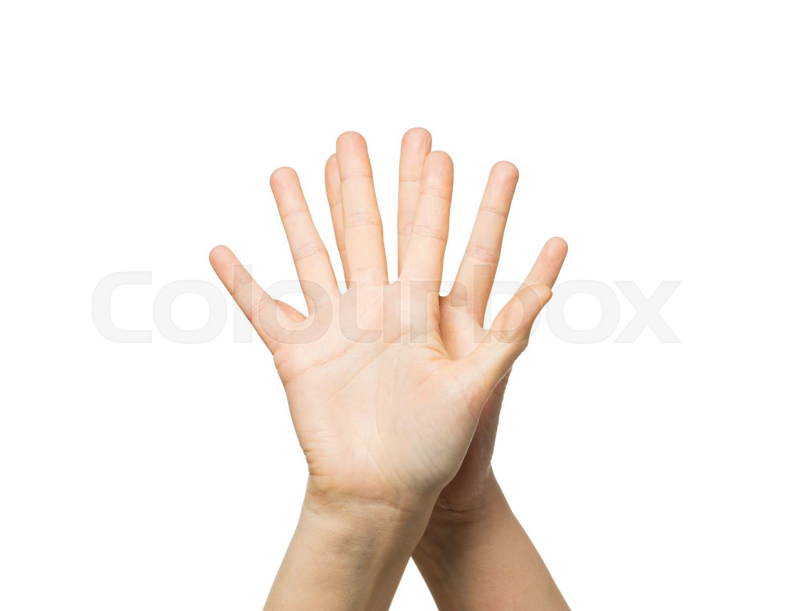 close up of two hands showing five fingers | Stock image | Colourbox