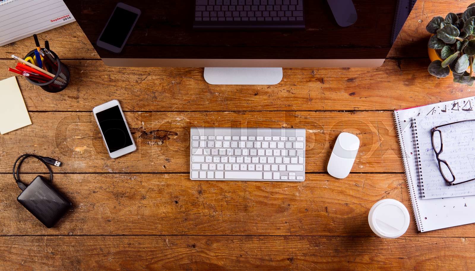 Desk with various gadgets and office supplies. Flat lay | Stock image ...