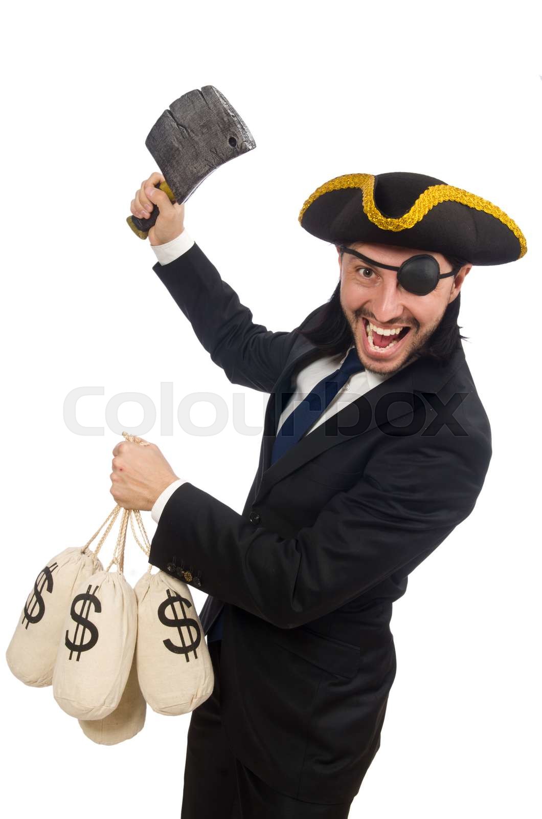 Pirate businessman holding money bags and butcher's knife isolat ...