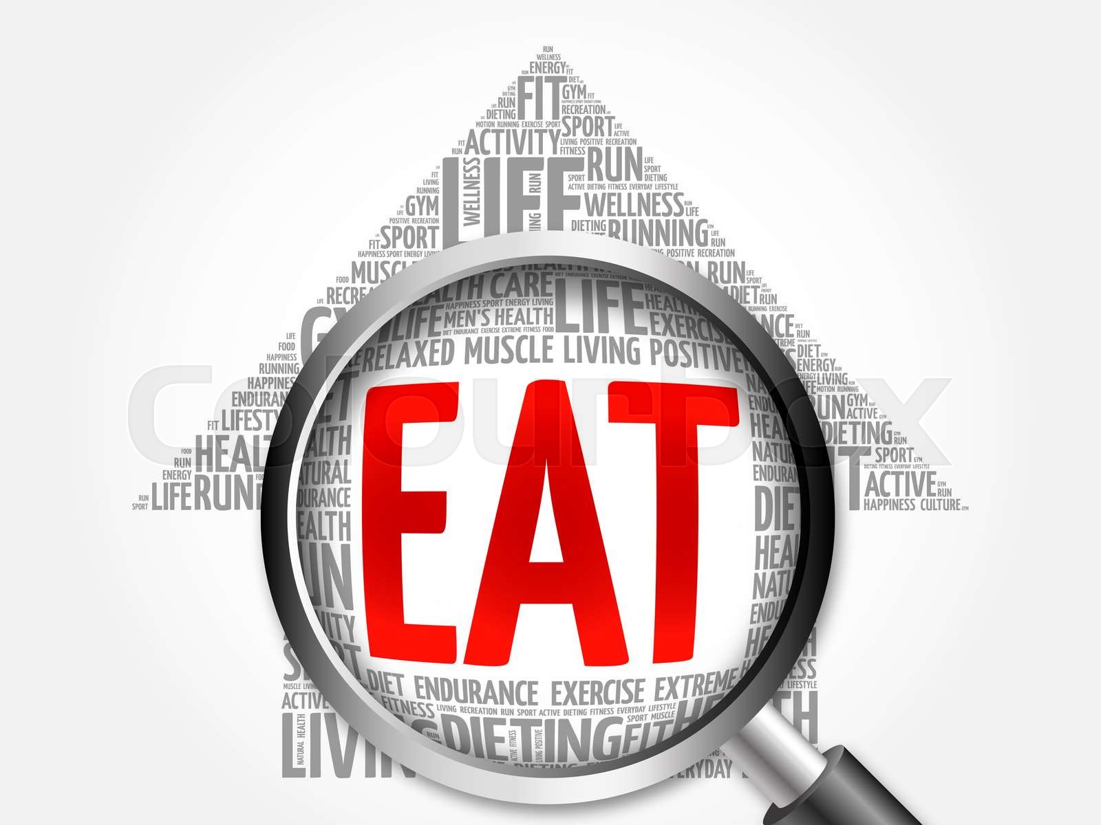 EAT arrow word cloud with magnifying glass | Stock image | Colourbox