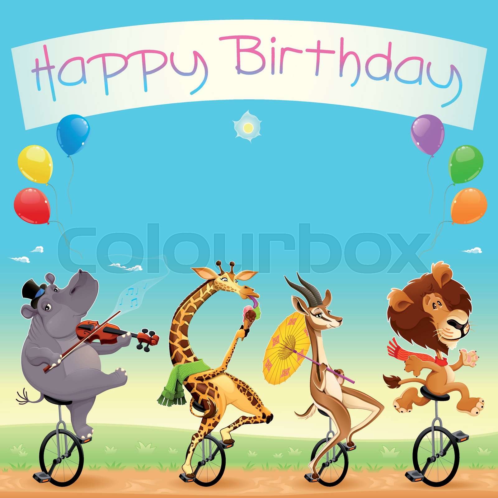 Happy Birthday card with funny wild animals on unicycles | Stock vector ...