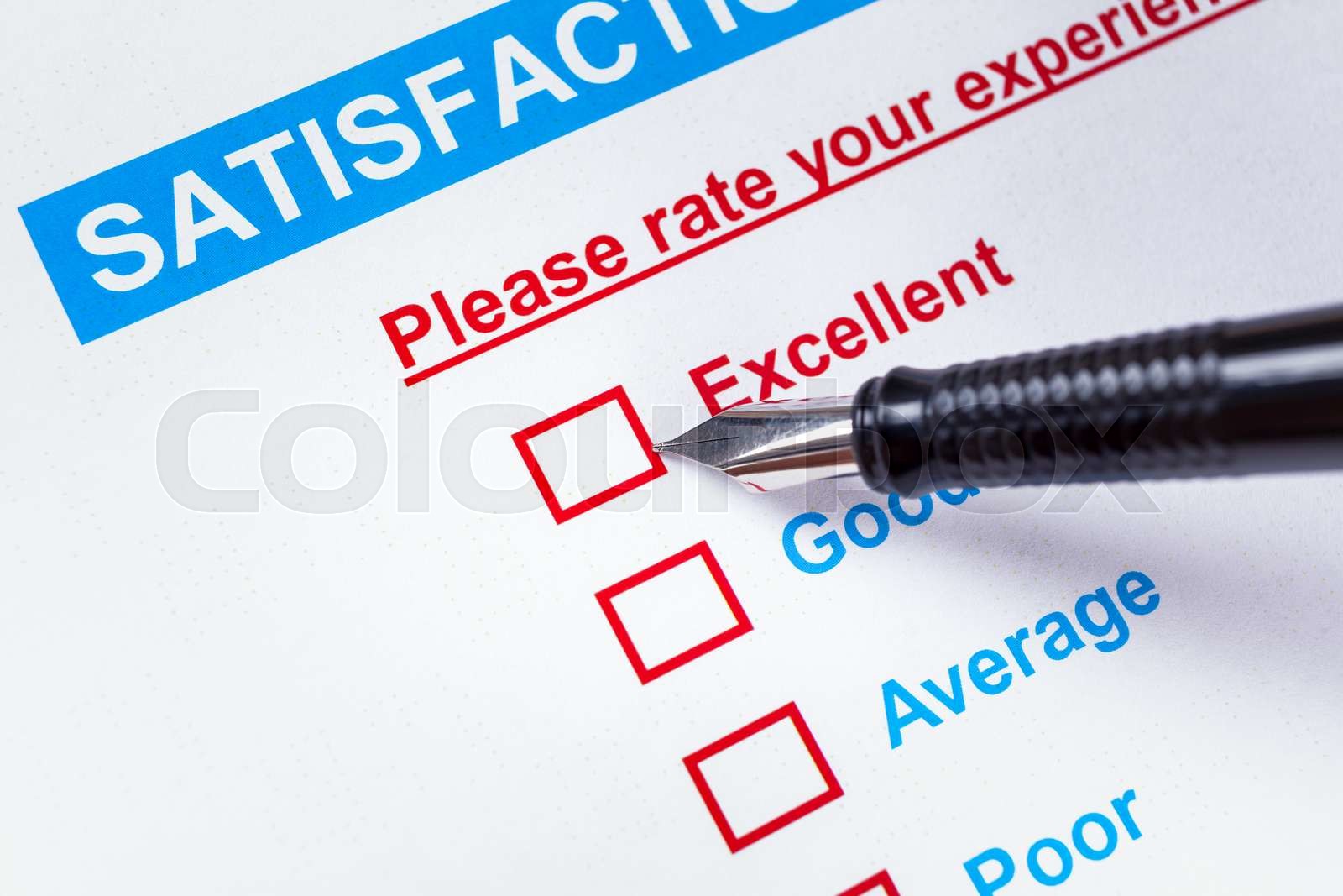 Customer satisfaction survey checkbox with rating and pen pointing at ...